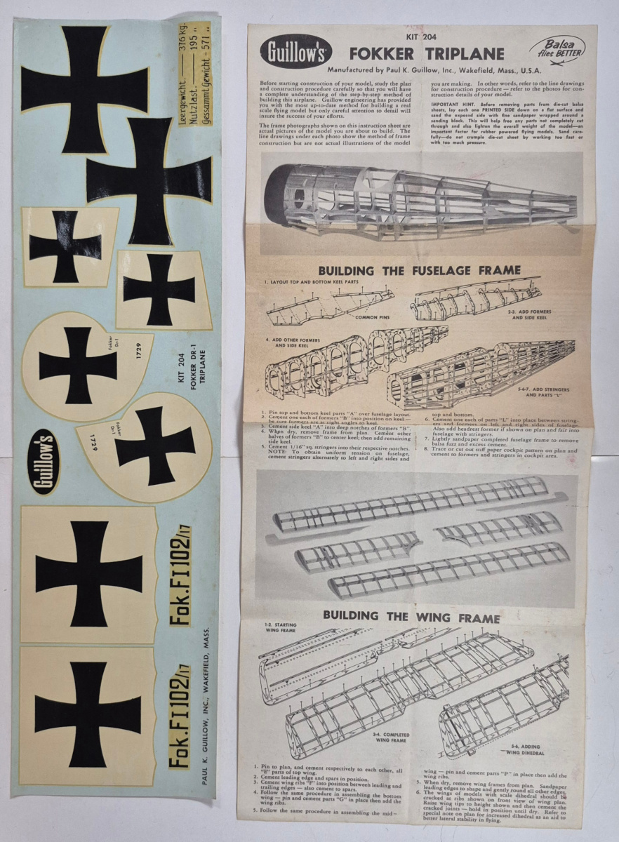 Vintage 1958 Guillow’s Fokker DR-1 Triplane Balsa Wood Airplane Model ...